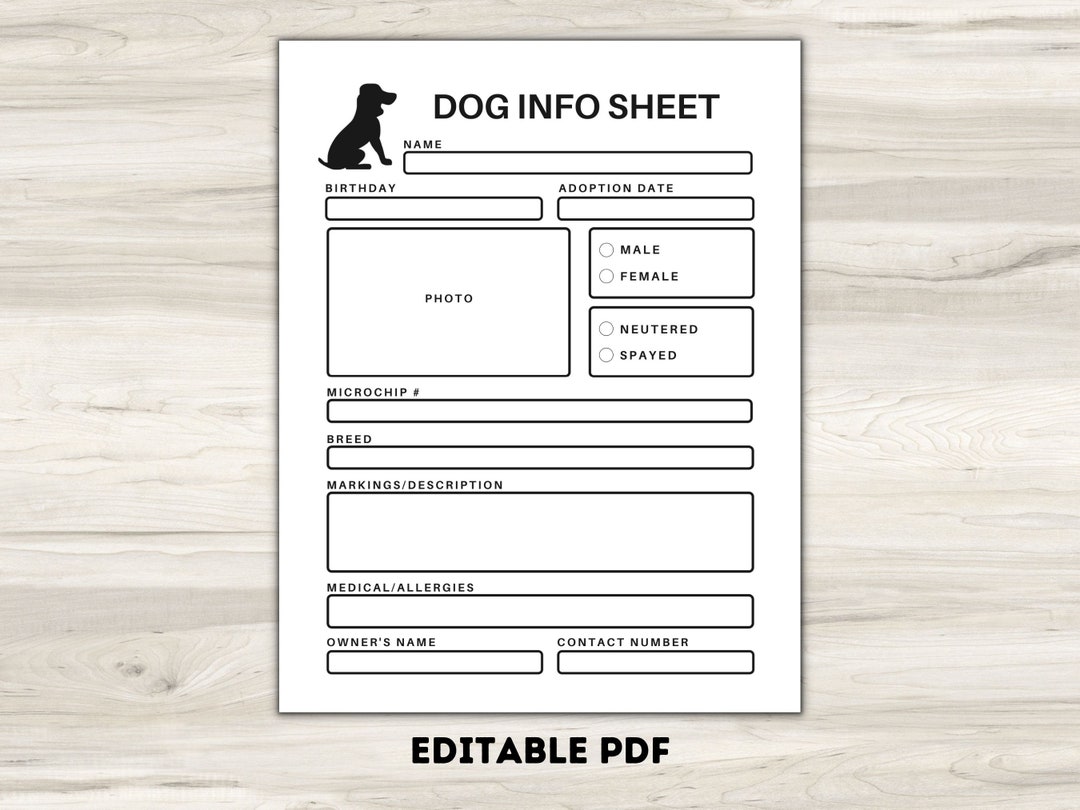 Dog Care Sheet: Pet Information, Vet & Sitter Notes (editable PDF) - Etsy