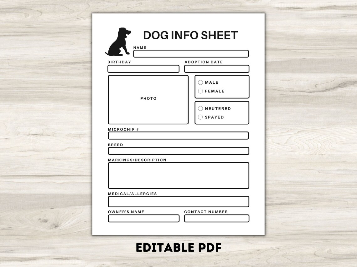 Dog Care Sheet: Pet Information, Vet & Sitter Notes (editable PDF) - Etsy