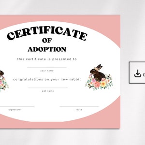 Bunny Adoption Certificate, Rabbit Certificate, Pet Certificate of ...