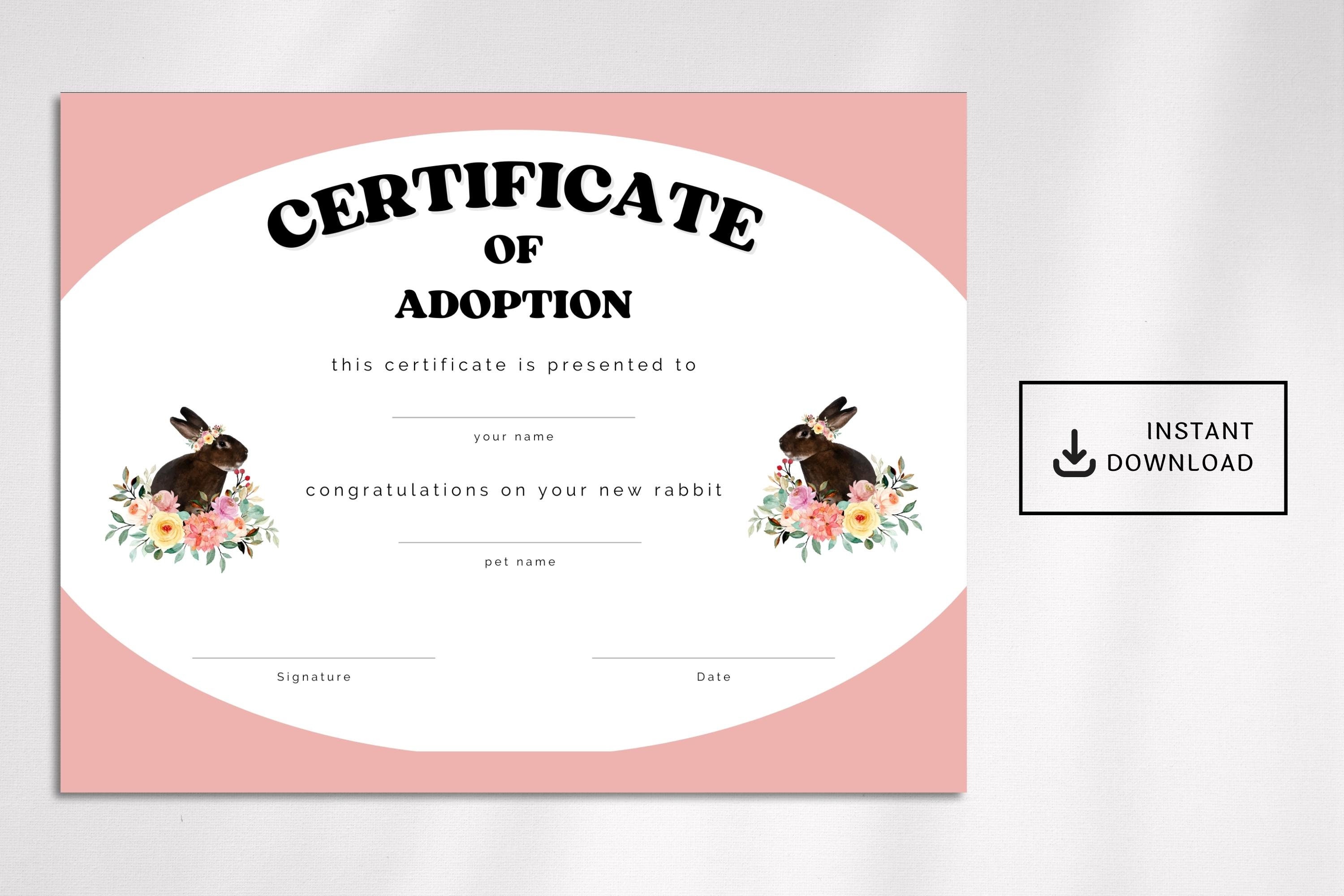 Bunny Adoption Certificate, Rabbit Certificate, Pet Certificate of ...
