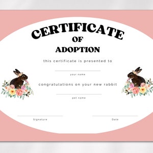 Bunny Adoption Certificate, Rabbit Certificate, Pet Certificate of ...