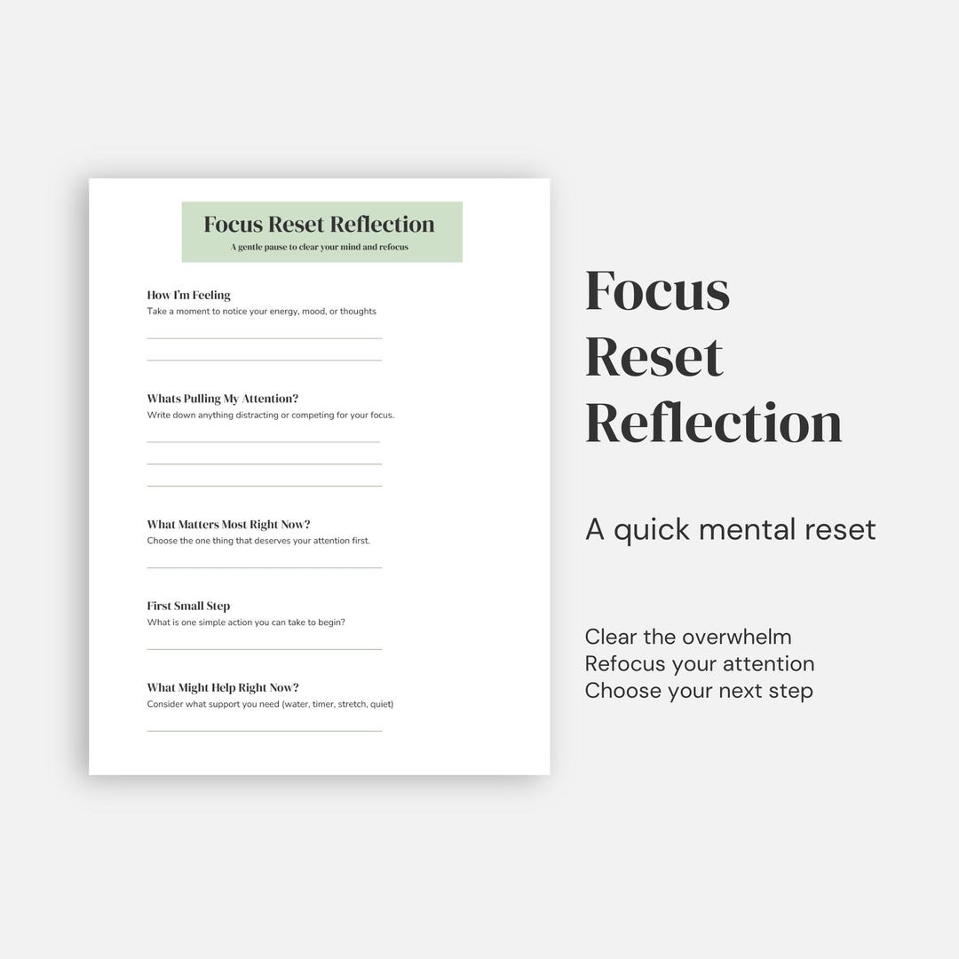 Focus Reset Reflection Printable | Productivity Reset Worksheet | ADHD ...