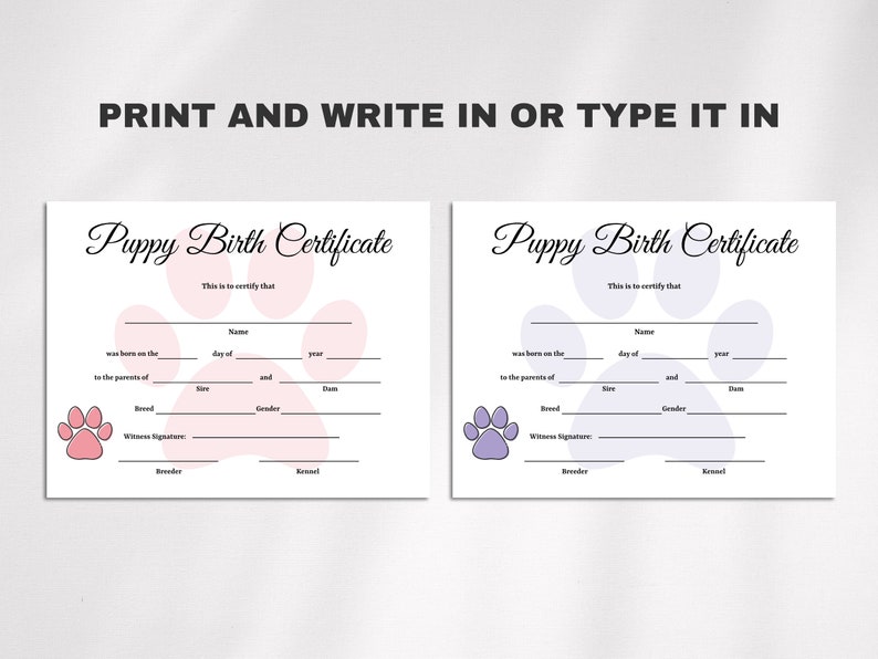 Editable Puppy Birth Certificate Template: Dog Adoption Keepsake (PDF ...
