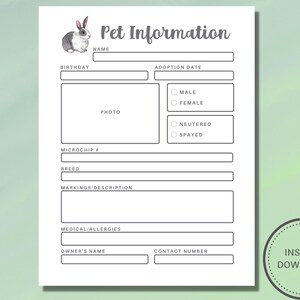Pet Information Sheet Rabbit Care Sheet Rabbit Care | Etsy