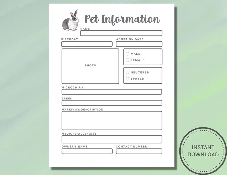 Pet Information Sheet Rabbit Care Sheet Rabbit Care | Etsy