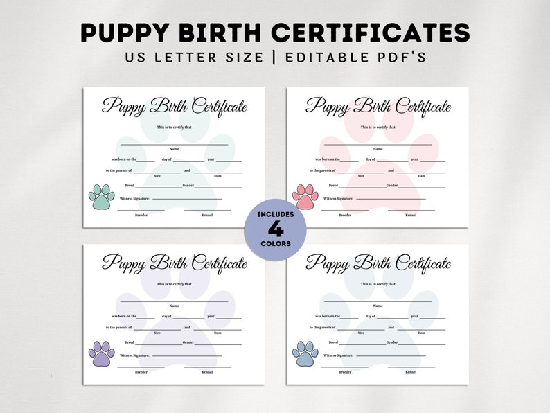 Editable Puppy Birth Certificate Template: Dog Adoption Keepsake (PDF ...