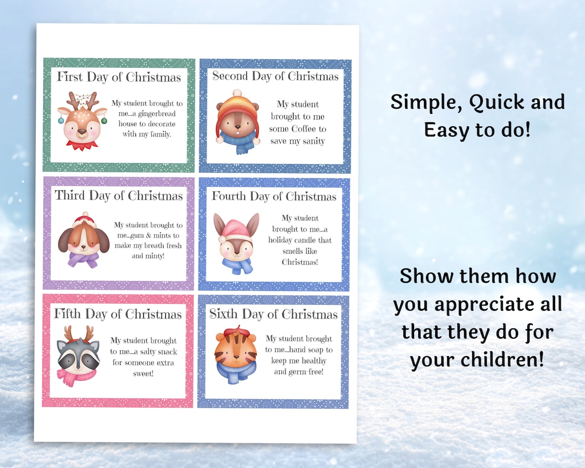 12 Days of Christmas Teacher Gift Tags, Teacher Christmas Gift ...