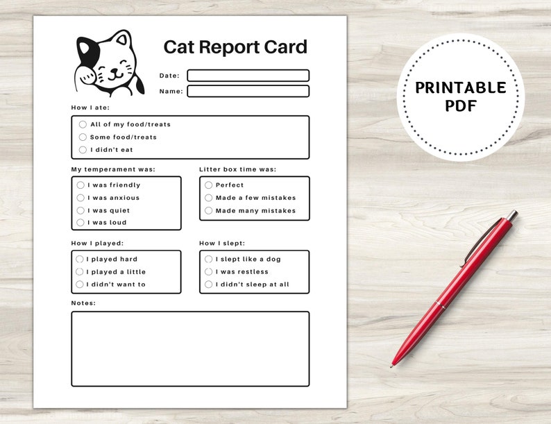 Pet Report Card Printable for Pet Sitter Business, Cat Report Card, Pet ...
