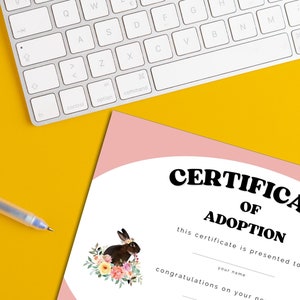Bunny Adoption Certificate, Rabbit Certificate, Pet Certificate of ...