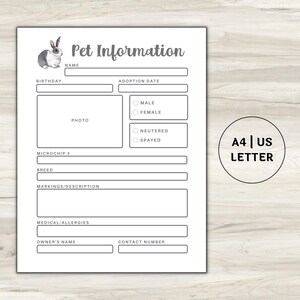 Pet Information Sheet, Rabbit Care Sheet, Rabbit Care Business, Pet ...
