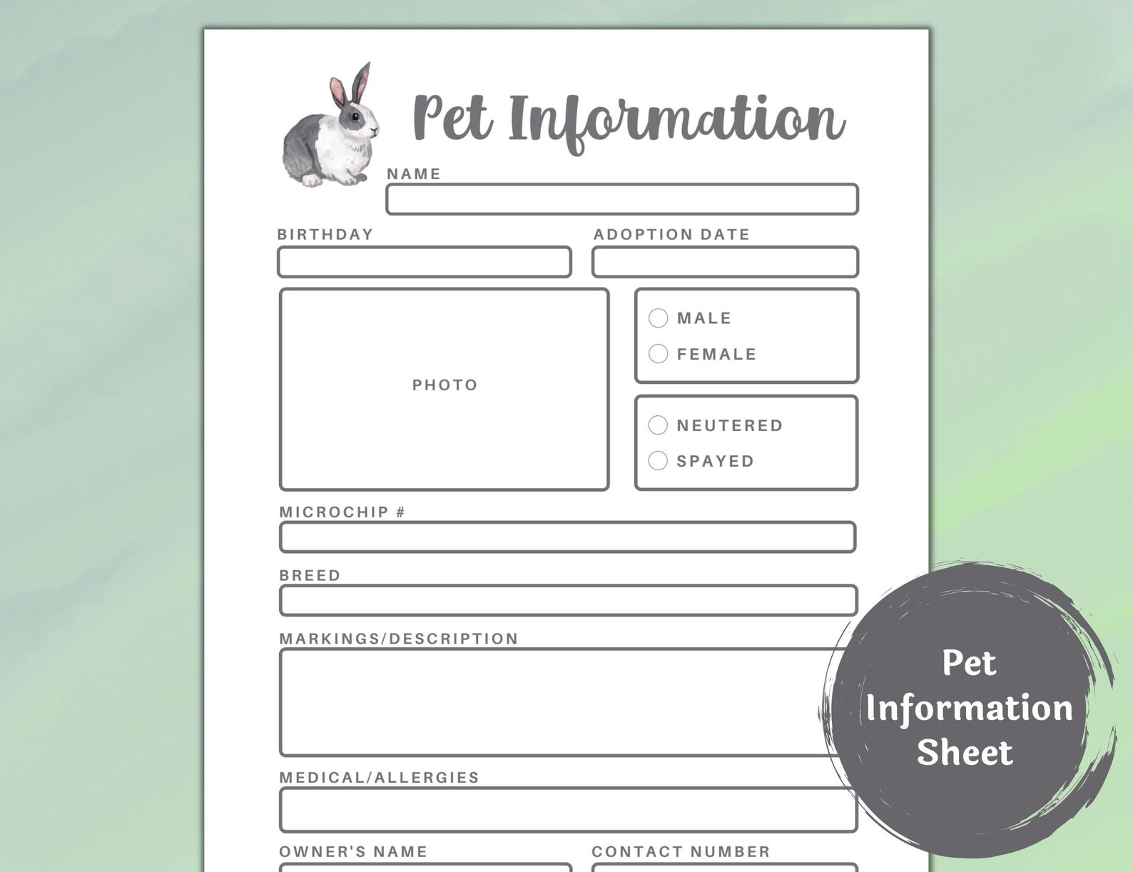 Pet Information Sheet Rabbit Care Sheet Rabbit Care | Etsy
