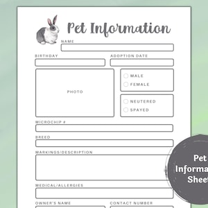 Pet Information Sheet Rabbit Care Sheet Rabbit Care | Etsy