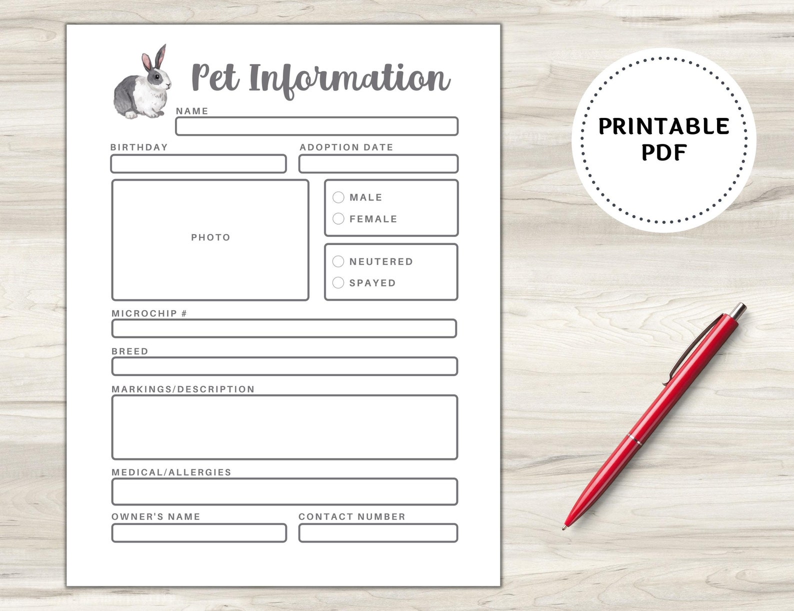Pet Information Sheet, Rabbit Care Sheet, Rabbit Care Business, Pet ...