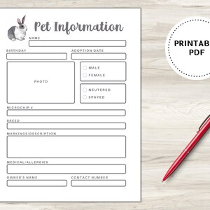 Pet Information Sheet, Rabbit Care Sheet, Rabbit Care Business, Pet ...