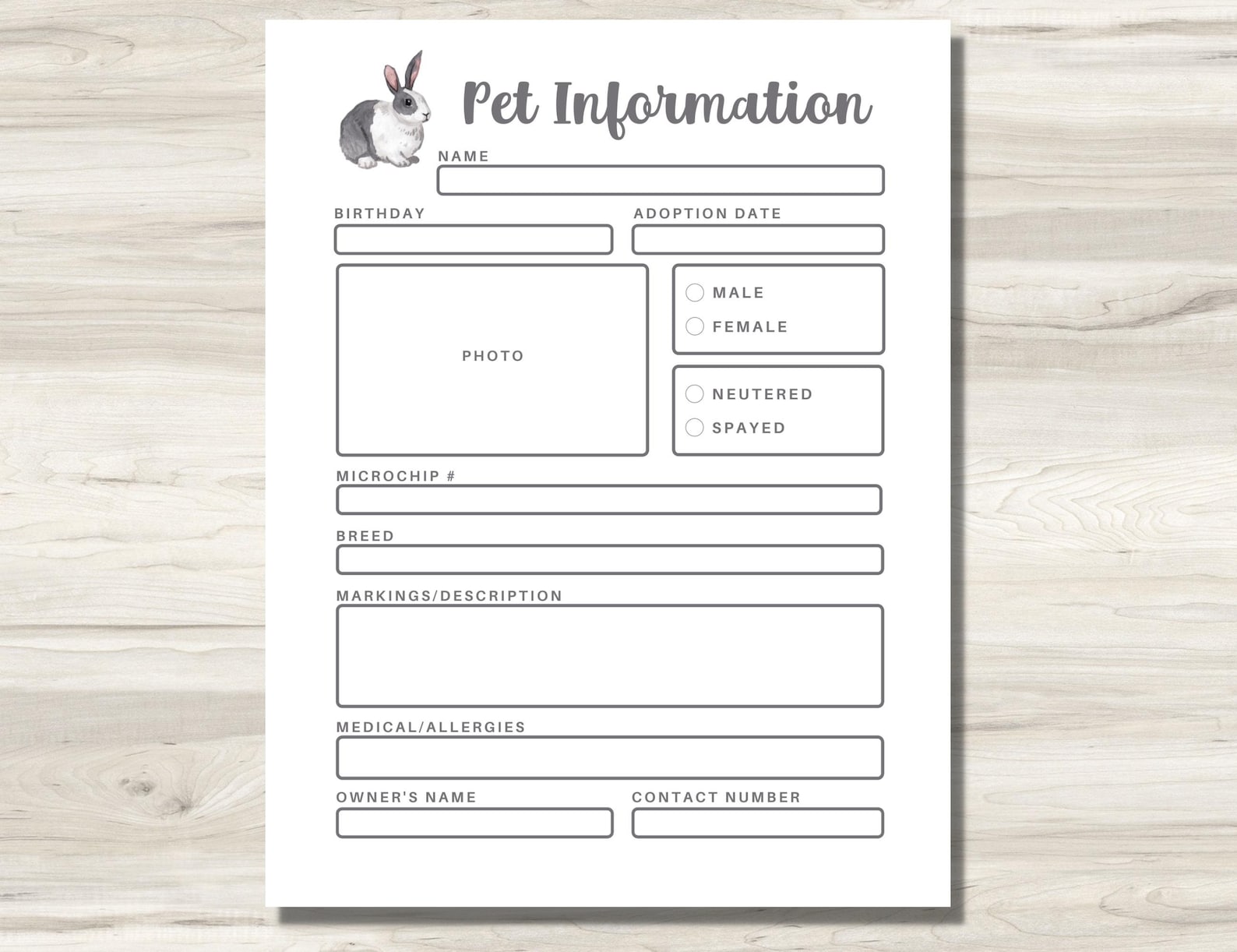 Pet Information Sheet, Rabbit Care Sheet, Rabbit Care Business, Pet ...