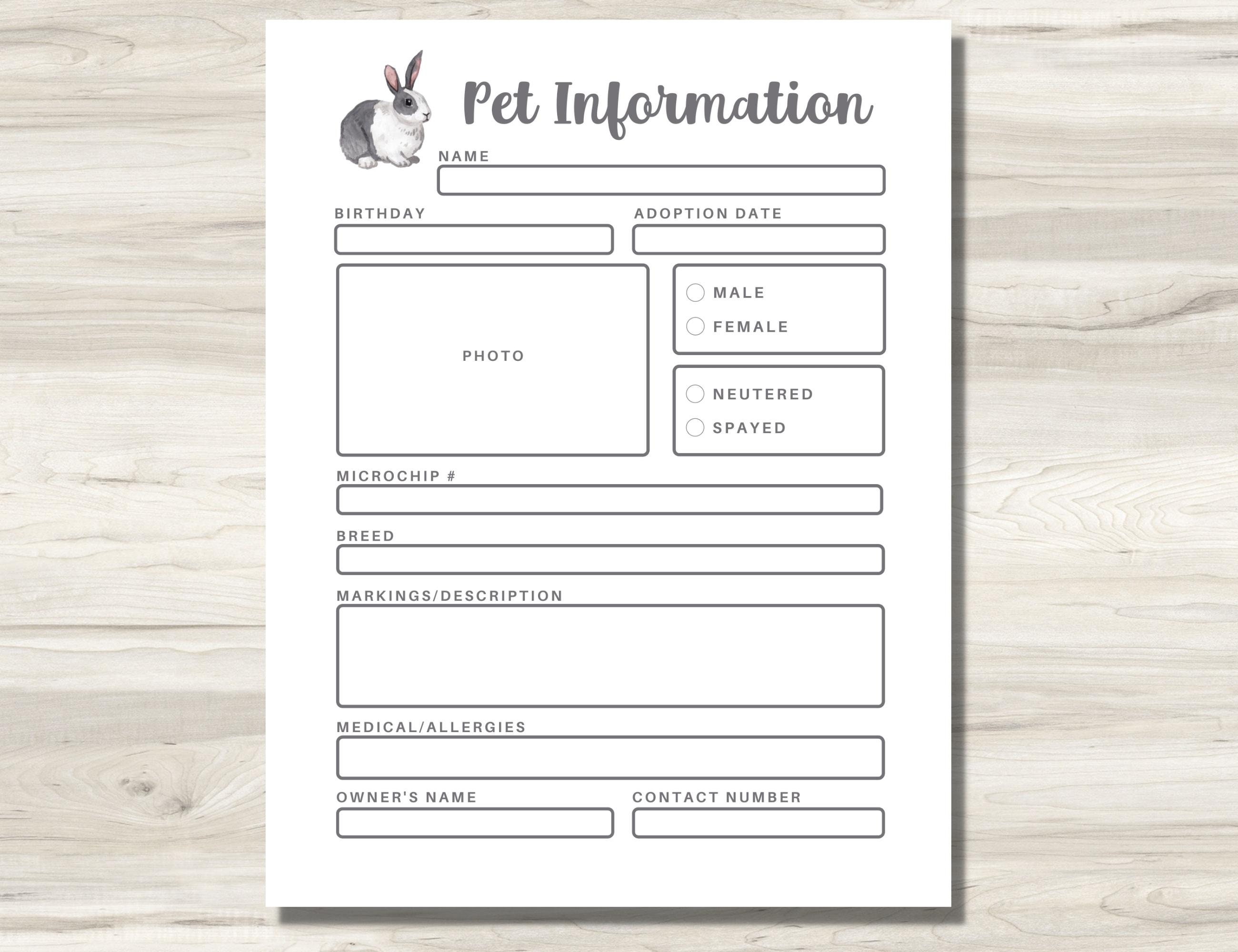 Pet Information Sheet, Rabbit Care Sheet, Rabbit Care Business, Pet ...