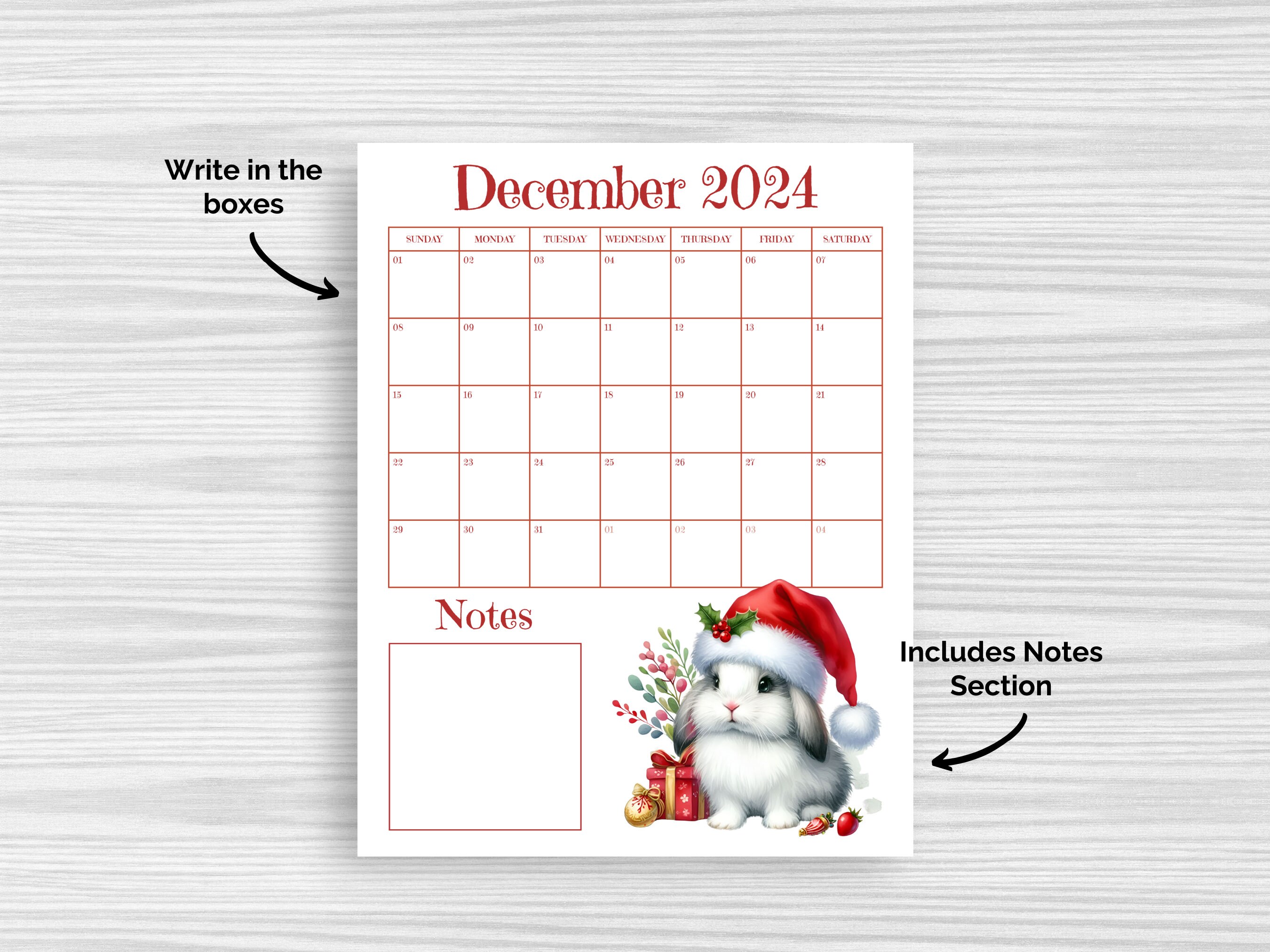 December 2024 Bunny Calendar, Printable Calendar, Calendar Template ...