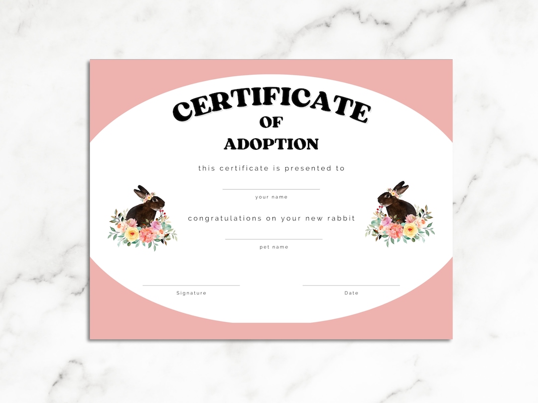 Bunny Adoption Certificate, Rabbit Certificate, Pet Certificate of ...