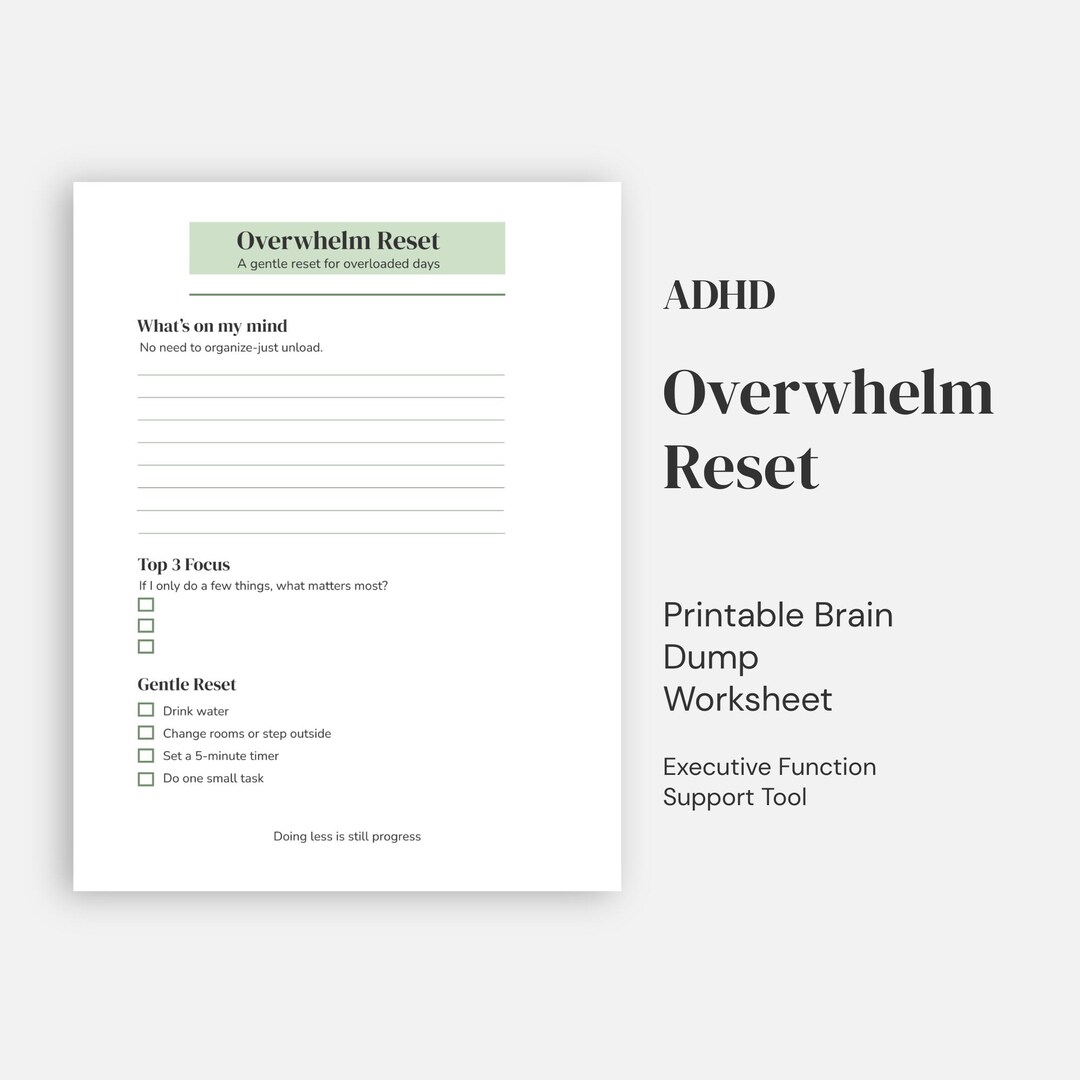 ADHD Overwhelm Reset Printable, Brain Dump Worksheet for Neurodivergent ...