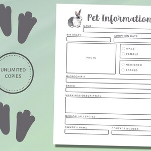 Pet Information Sheet Rabbit Care Sheet Rabbit Care | Etsy