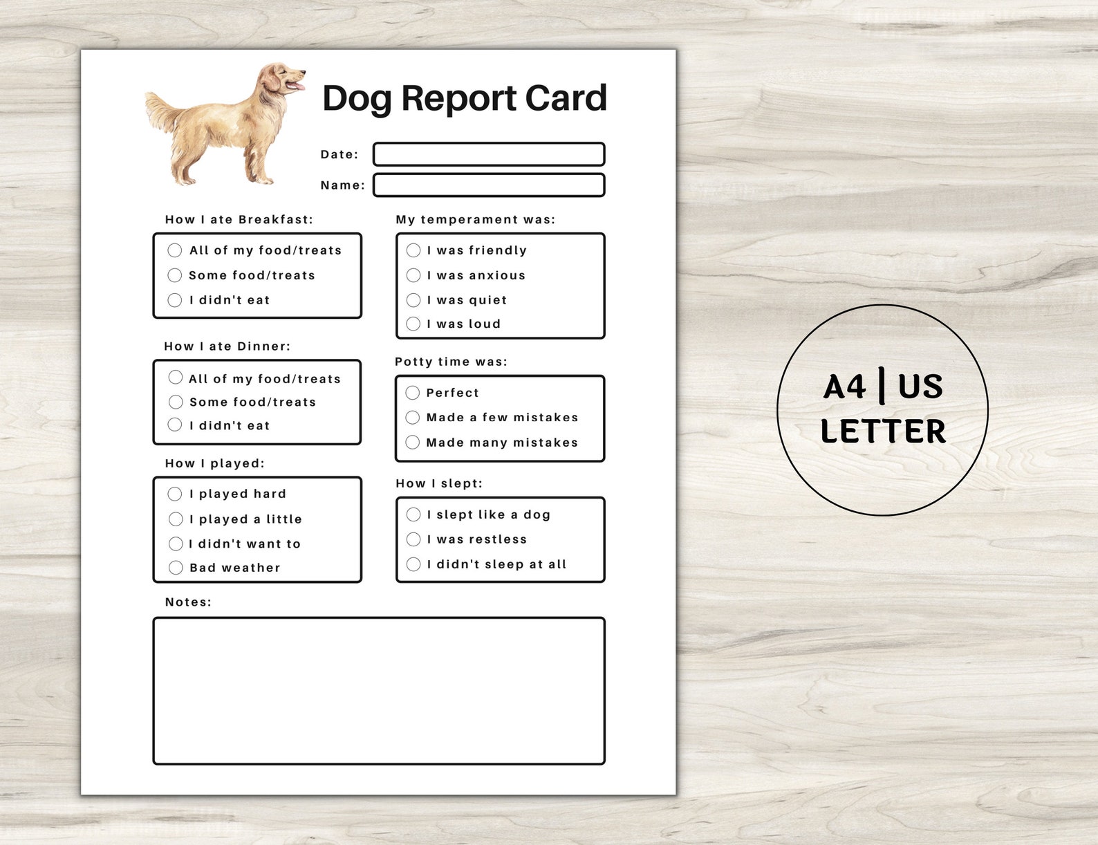 Dog Report Card Printable Pet Sitting Forms Dog Boarding - Etsy