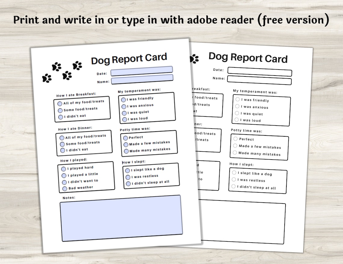Pet Report Card, Pet Planner, Pet Sitter Notes, Dog Report Card, Dog ...