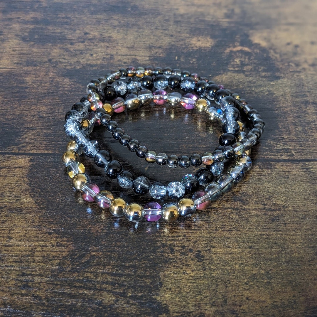 Set of 3 Shimmering Black & Gold Bead Bracelets Multicolor Metallic ...