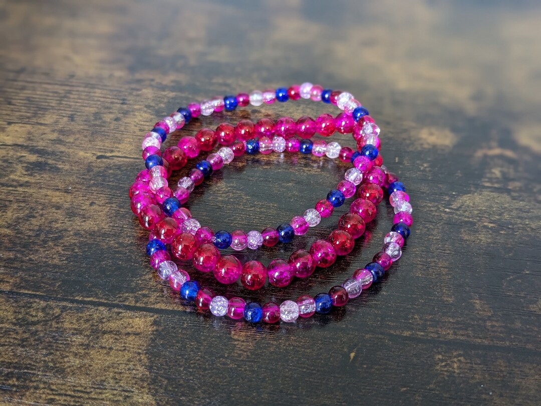 Set of 3 Pink & Blue Crackle Glass Bead Bracelets Multicolor Shimmering ...