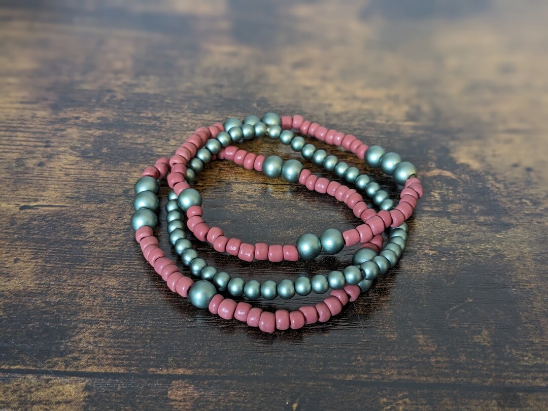 Set of 3 Glass Seed Bead Bracelets Maroon Brown & Green Gray Small ...