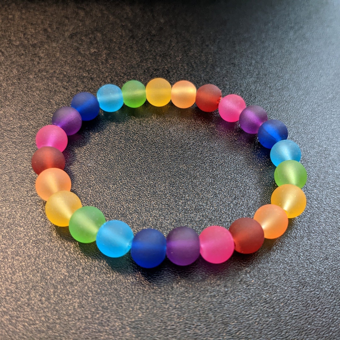 Frosted Rainbow Glass Bead Bracelet | Multicolor Glass Stacking ...