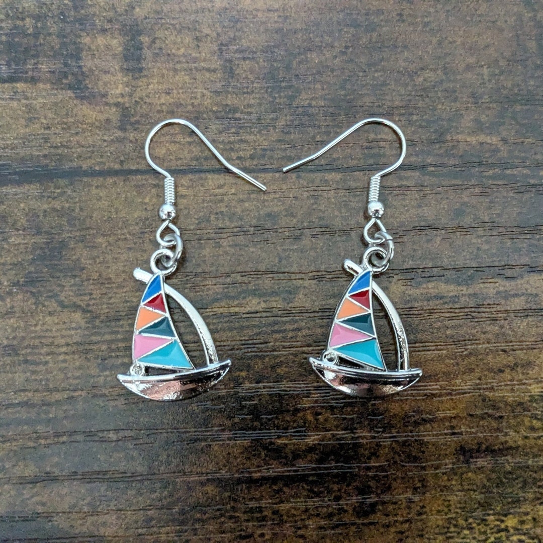 Silver Multicolor Sailboat Dangle Earrings Cute Ocean Sea Nautical ...