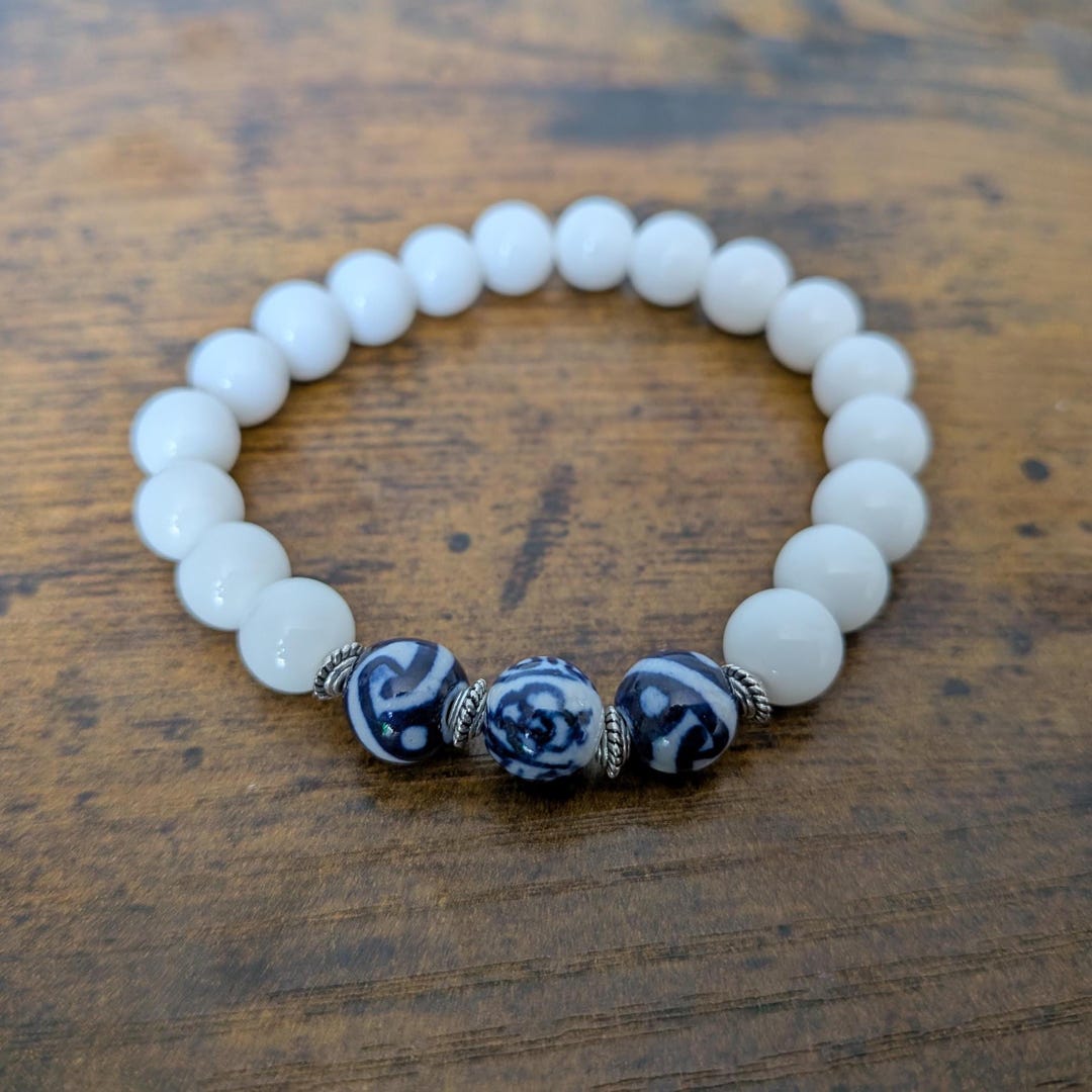 Blue White Pattern Ceramic & Glass Bead Bracelet | Stacking Bracelet ...