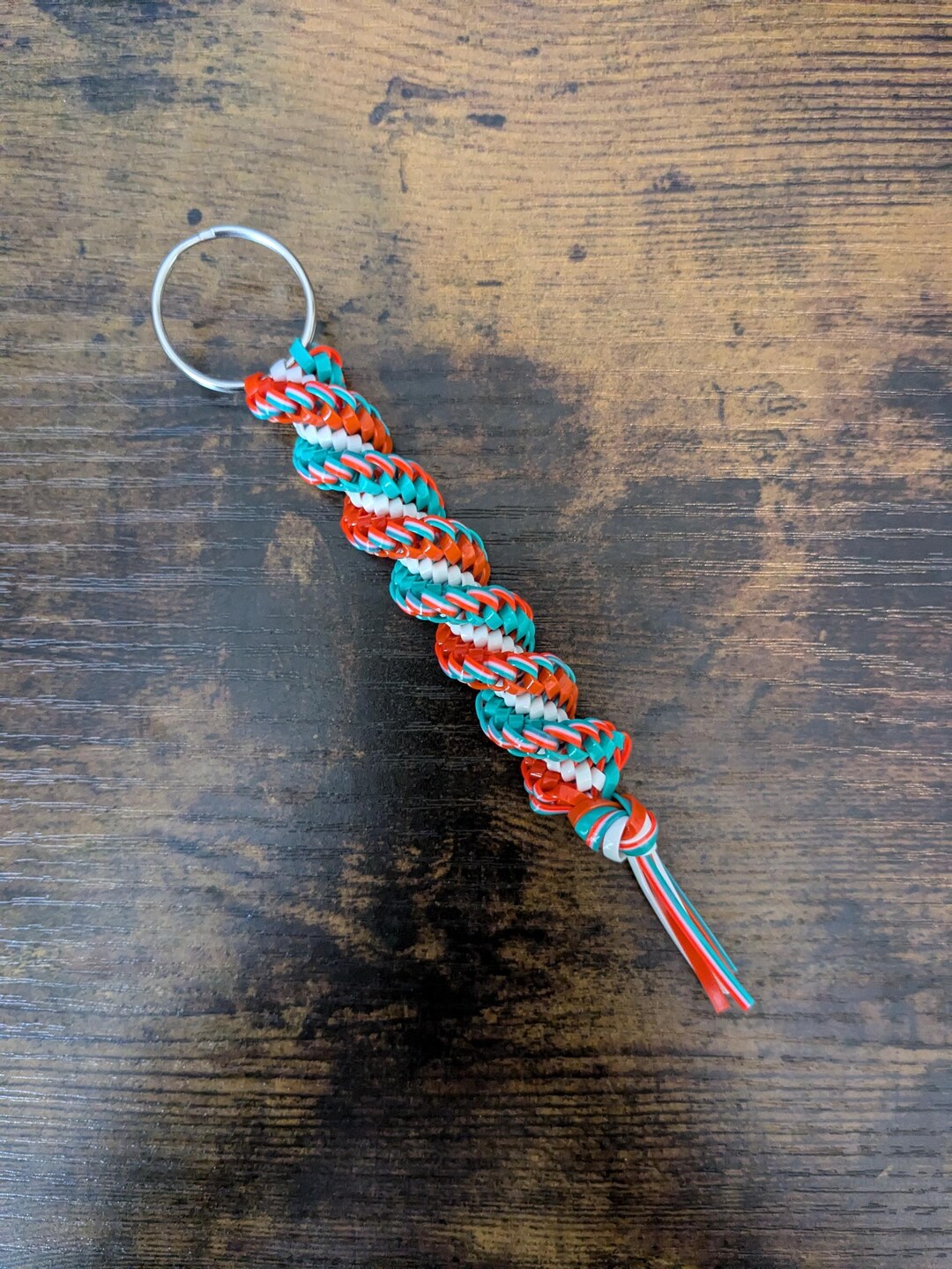 Turquoise Blue Orange & White Boondoggle Keychain | Corkscrew Twist ...