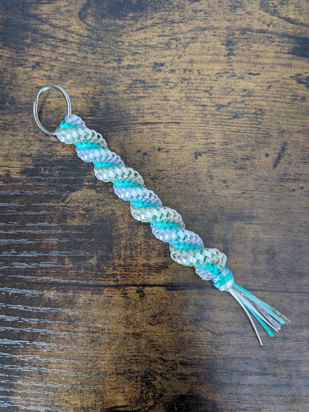 Turquoise Silver Gold Pearl Glitter Striped Boondoggle Keychain ...
