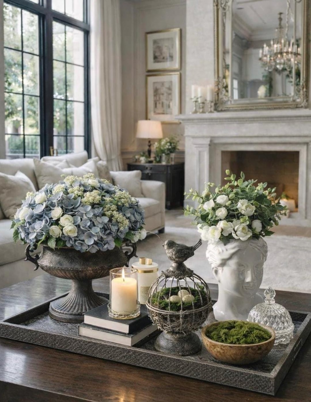 Slate Blue Hydrangea Urn Arrangement | Luxury Faux Floral Centerpiece ...
