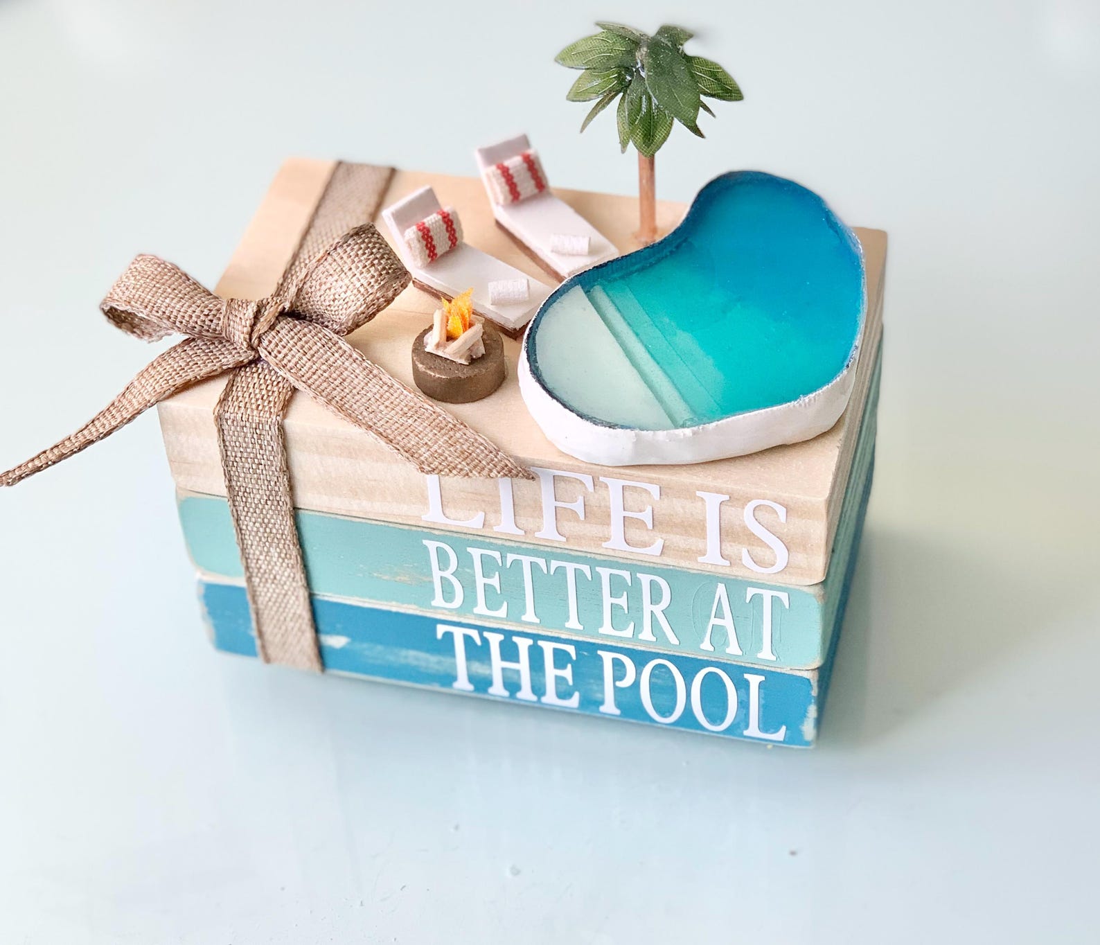Coastal Farmhouse Pool Diorama Book Stack: Nautical Tiered Tray Decor ...