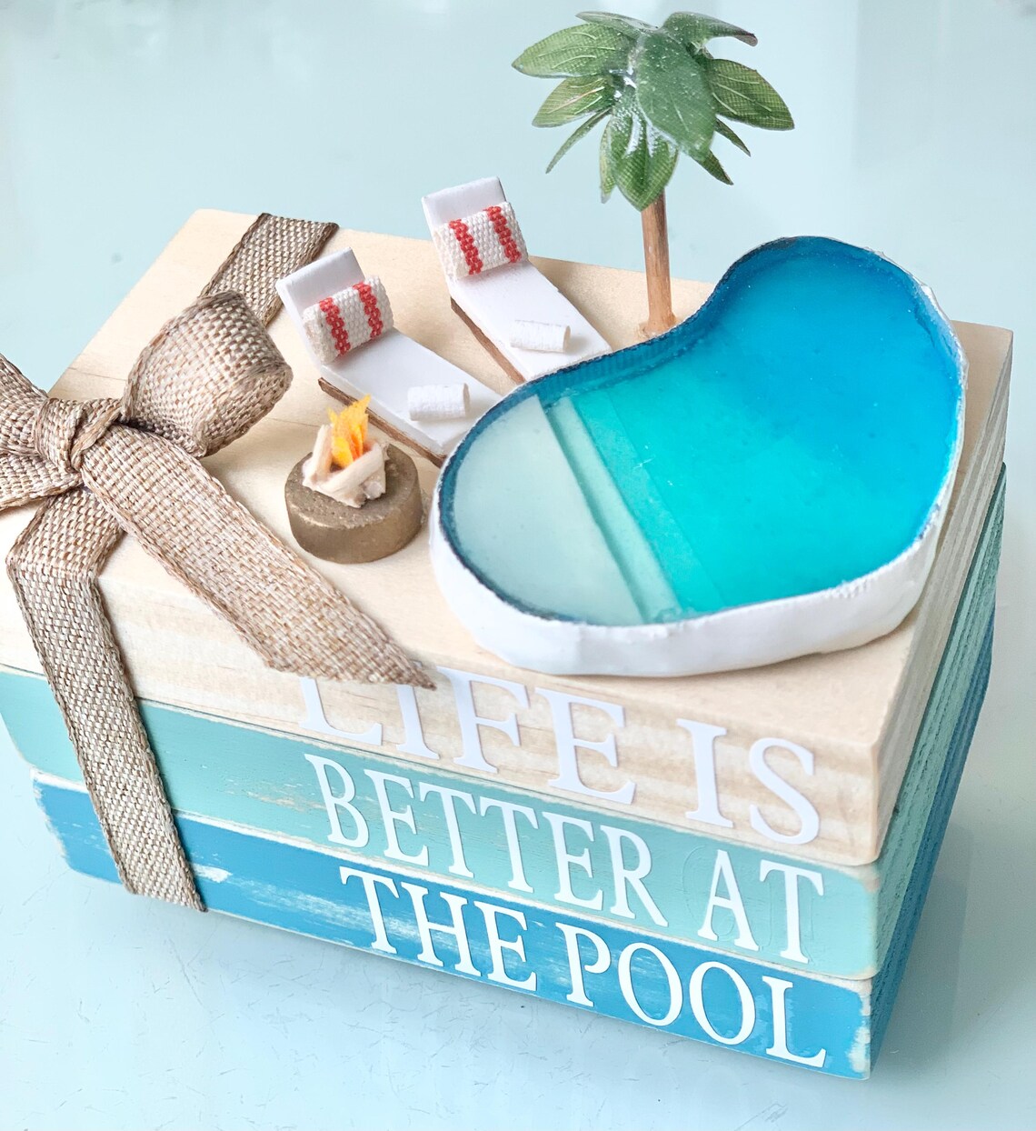 Coastal Farmhouse Pool Diorama Book Stack: Nautical Tiered Tray Decor ...