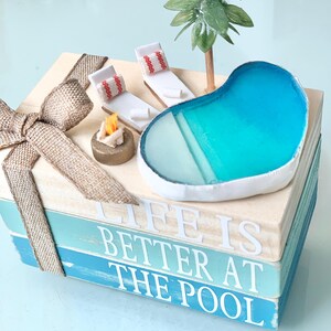 Coastal Farmhouse Pool Diorama Book Stack: Nautical Tiered Tray Decor ...