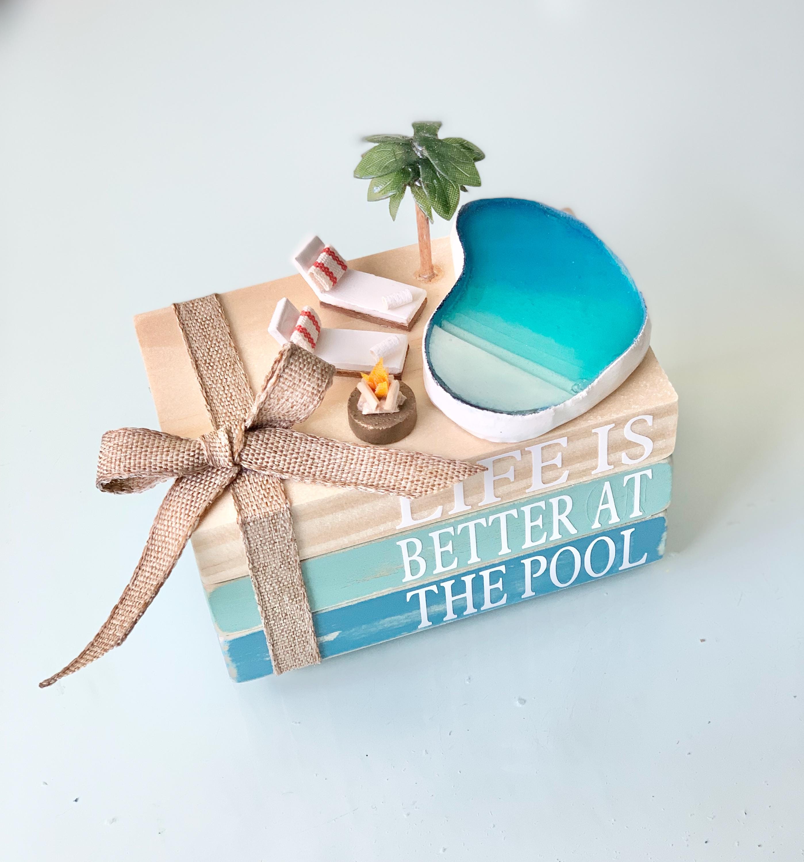 Coastal Farmhouse Pool Diorama Book Stack: Nautical Tiered Tray Decor ...