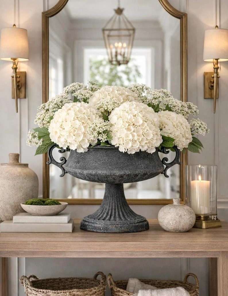 Slate Blue Hydrangea Urn Arrangement | Luxury Faux Floral Centerpiece ...