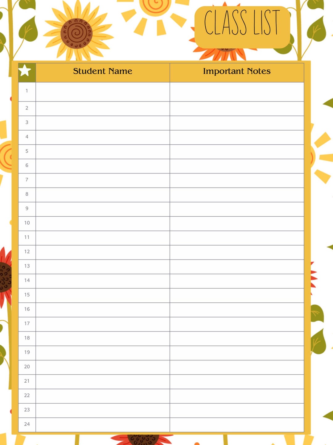Sunflower Class List - Etsy