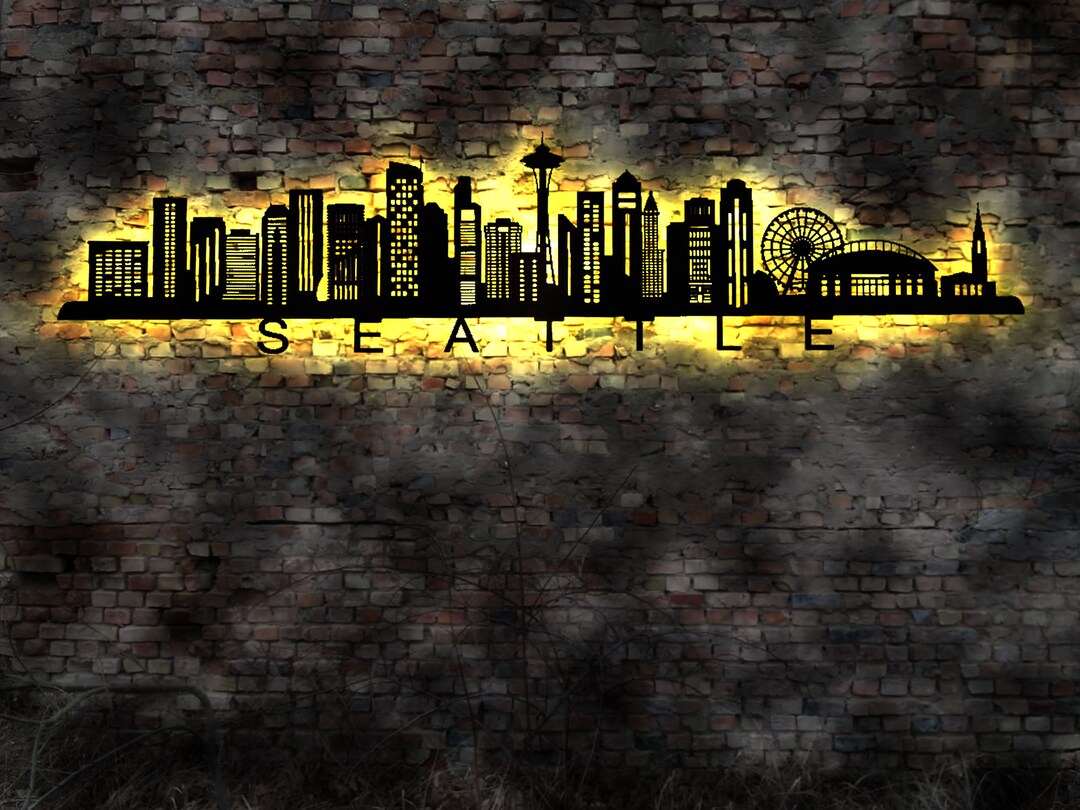 Skyline Seattle City LED Wall Picture Wooden City AK Map Map City Map ...
