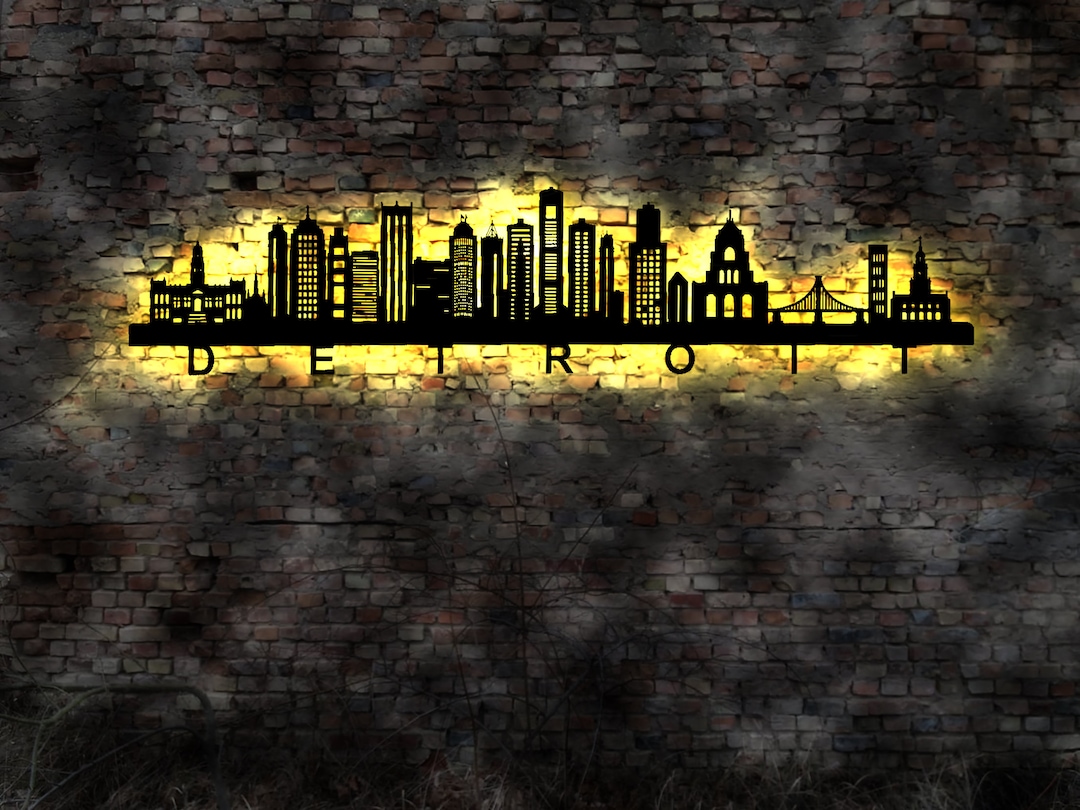 Skyline Detroit USA LED Wall Mural Wood City AK Map Map City Map Wall ...