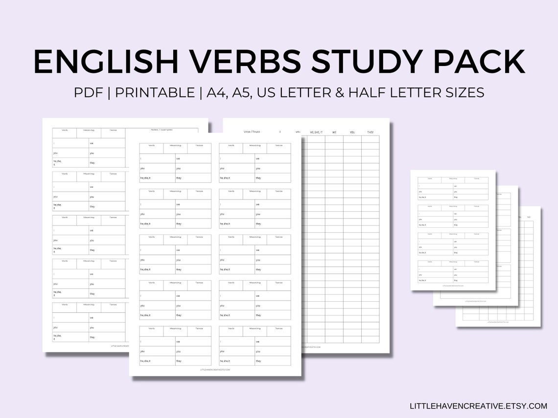 English Verb Practice Study and Practice Pack Conjugation Tables ...