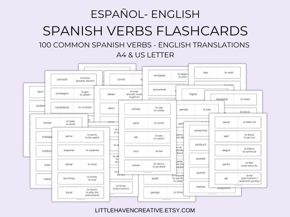 100 Common Spanish Verbs Flashcards Blank Flashcards | Etsy