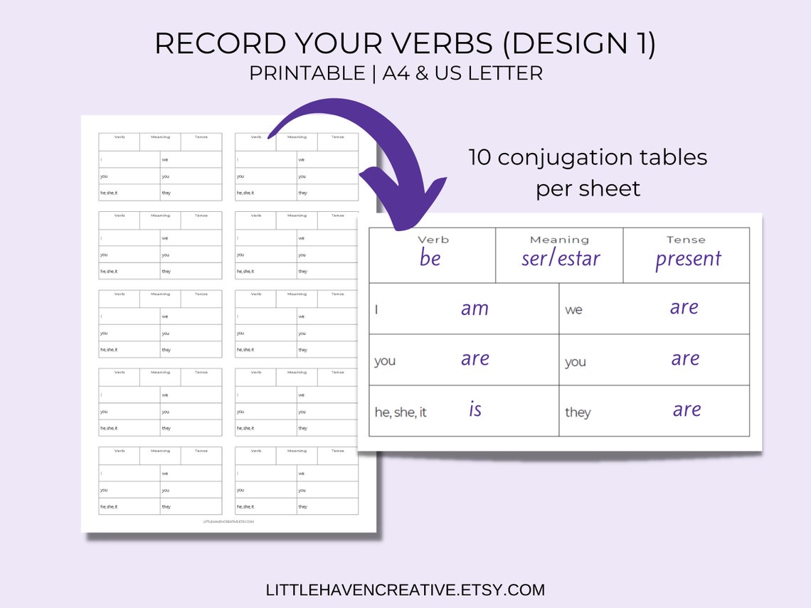 English Verb Practice Study and Practice Pack Conjugation Tables ...