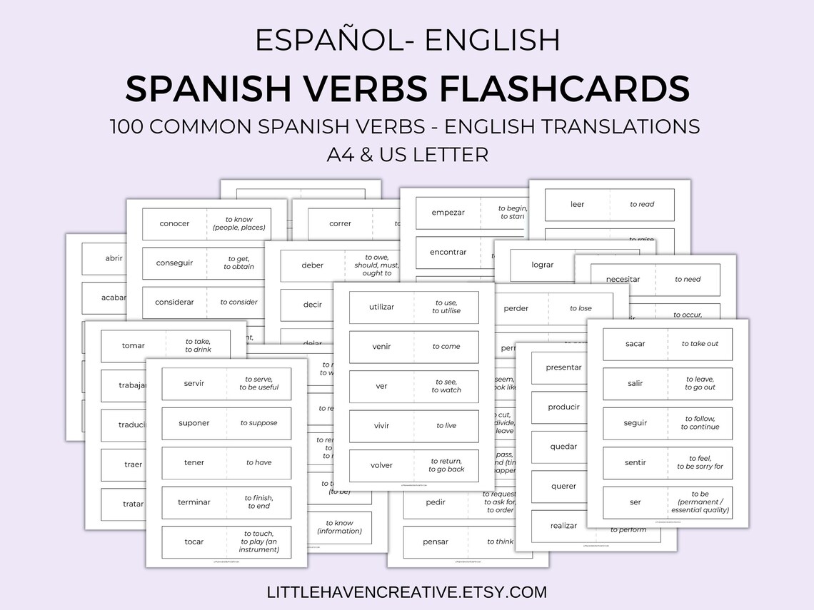 100 Common Spanish Verbs Flashcards Blank Flashcards - Etsy UK
