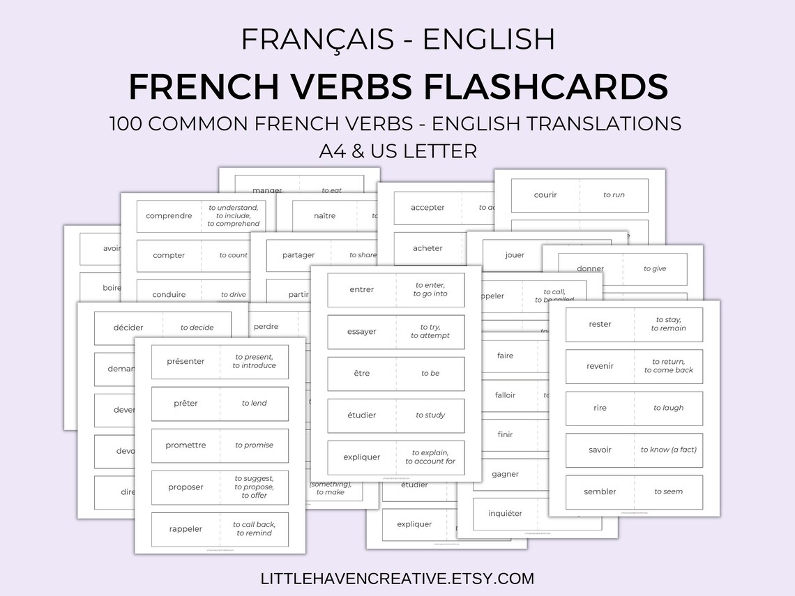 French Verbs Flashcards: 100 Common Verbs, Blank Templates (digital ...