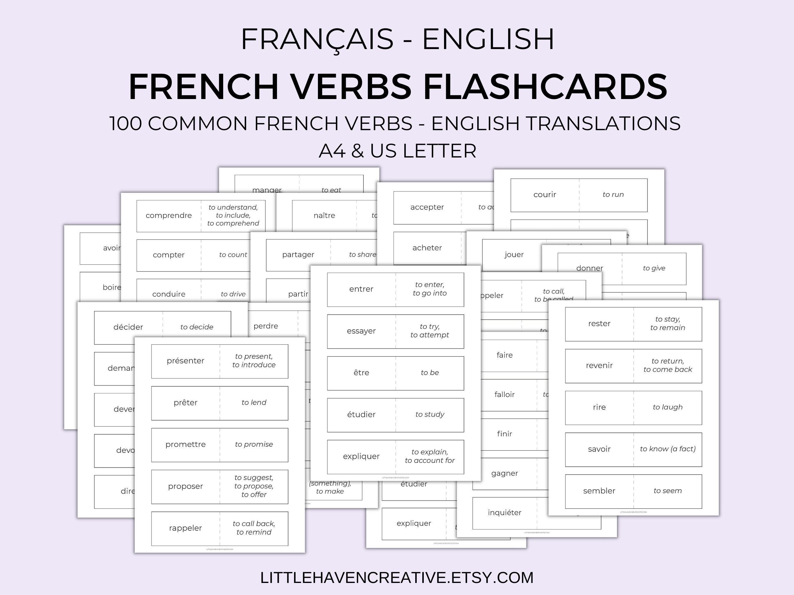 100 Common French Verbs Flashcards | Blank Flashcards Templates ...