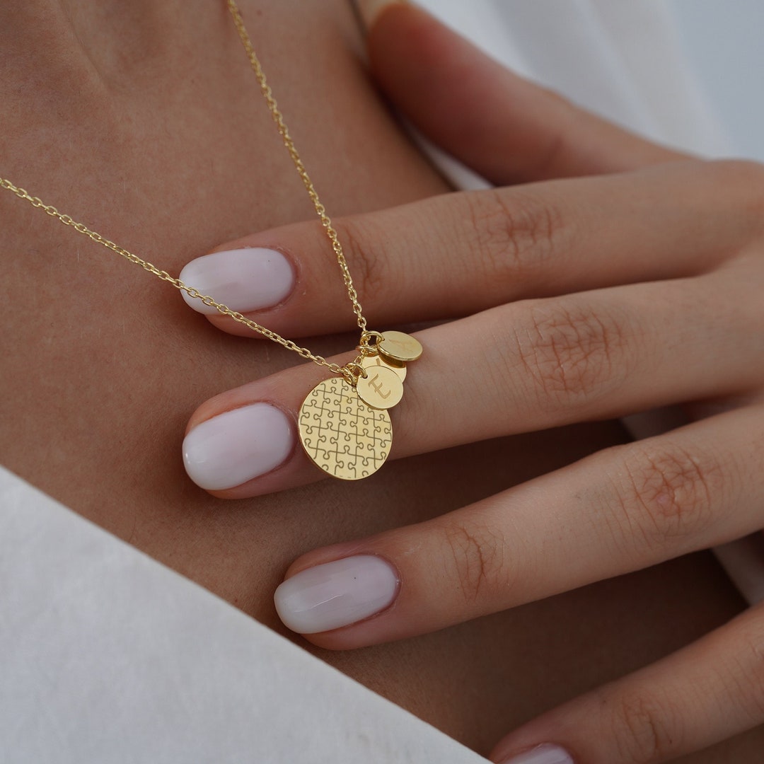 Autism Awareness Necklace Puzzle Disc Autism Jewelry, 14k Gold Initial ...